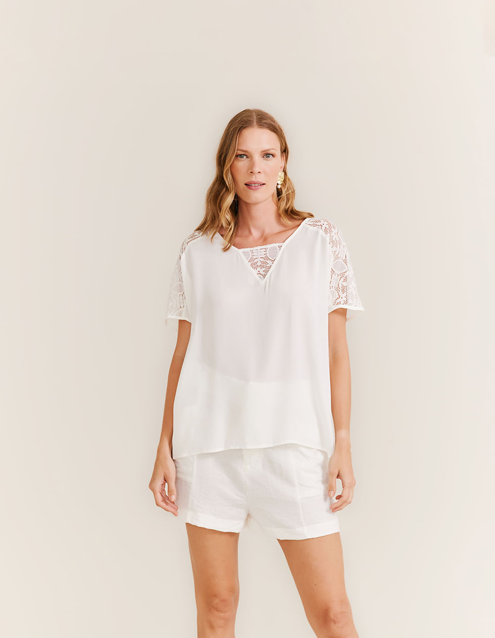 Blusa Manga Curta Detalhes Rendas - Branco