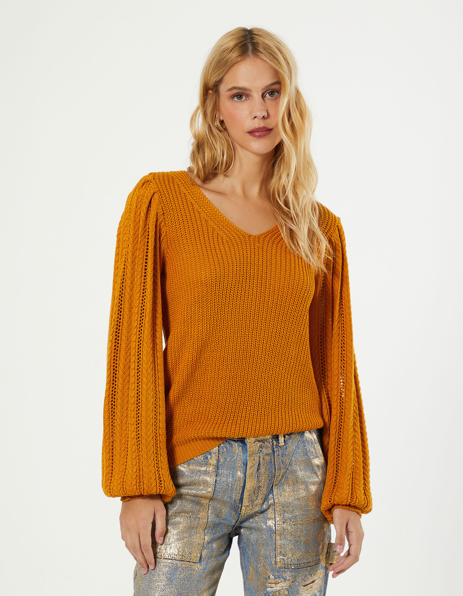 Blusa Manga Rendada - Ocre