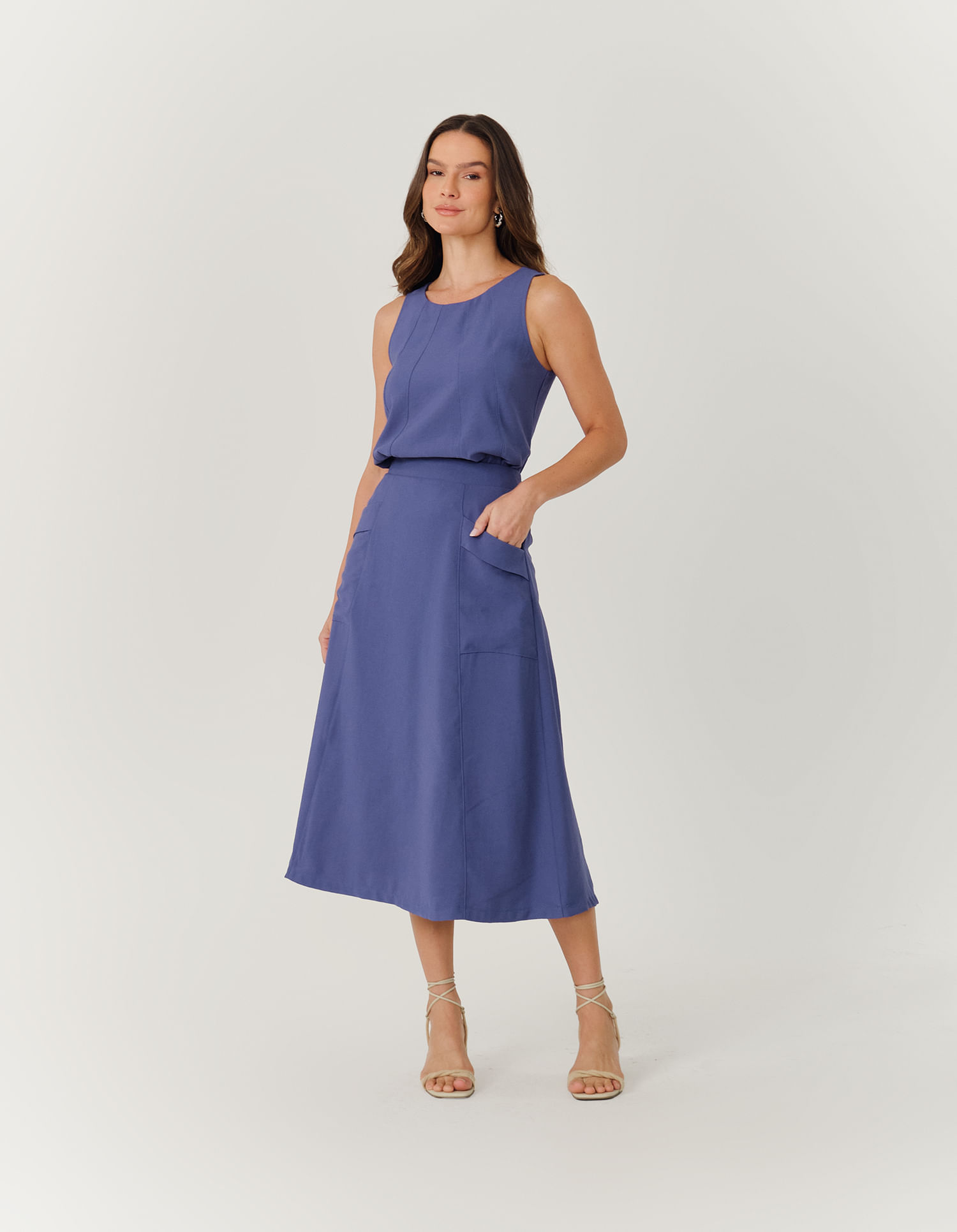 Saia Midi Bolso Amarracao Laterais - Azul Acinzentado