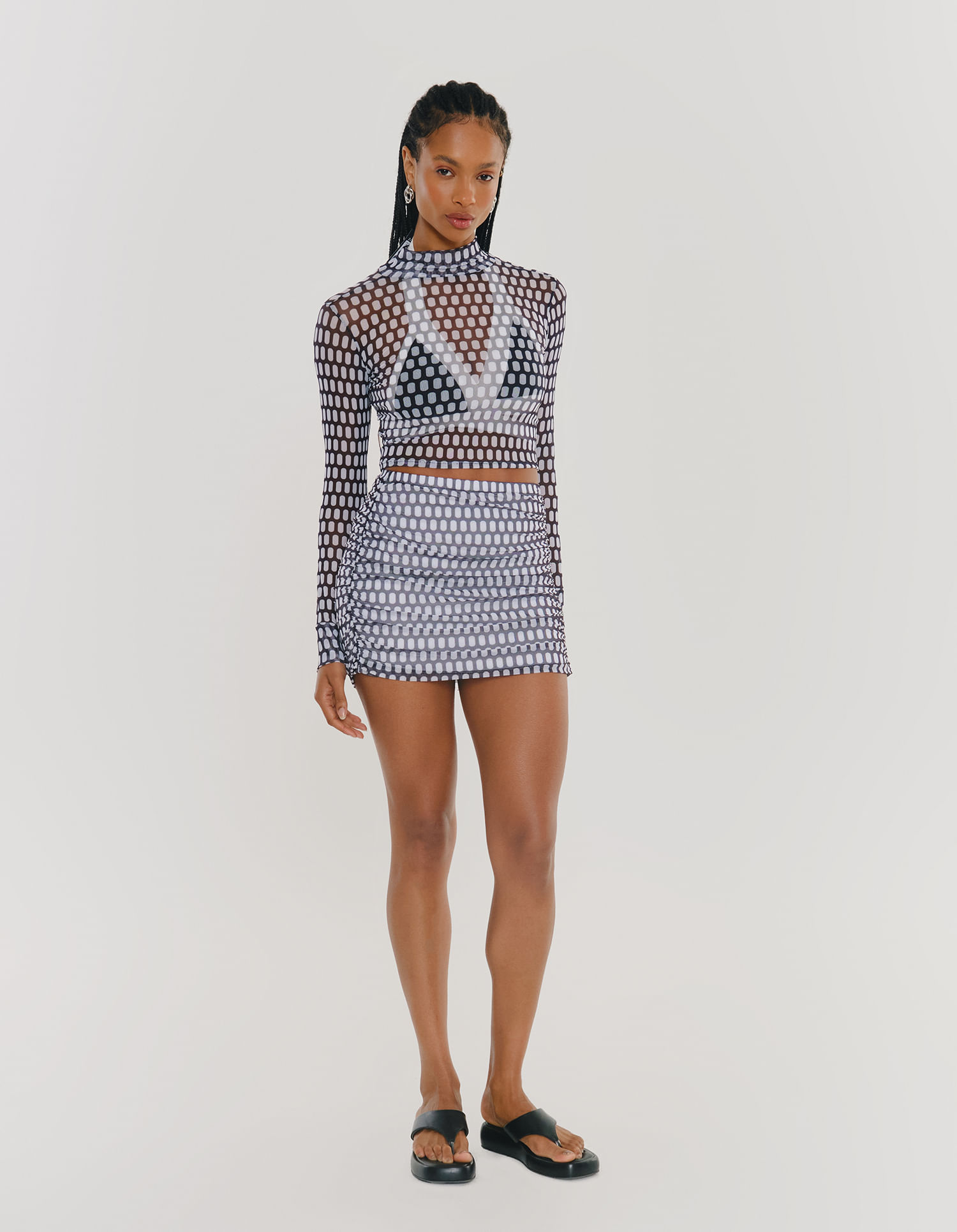 Mini Saia Tule Estampada Colmeia - Preto C/ Branco