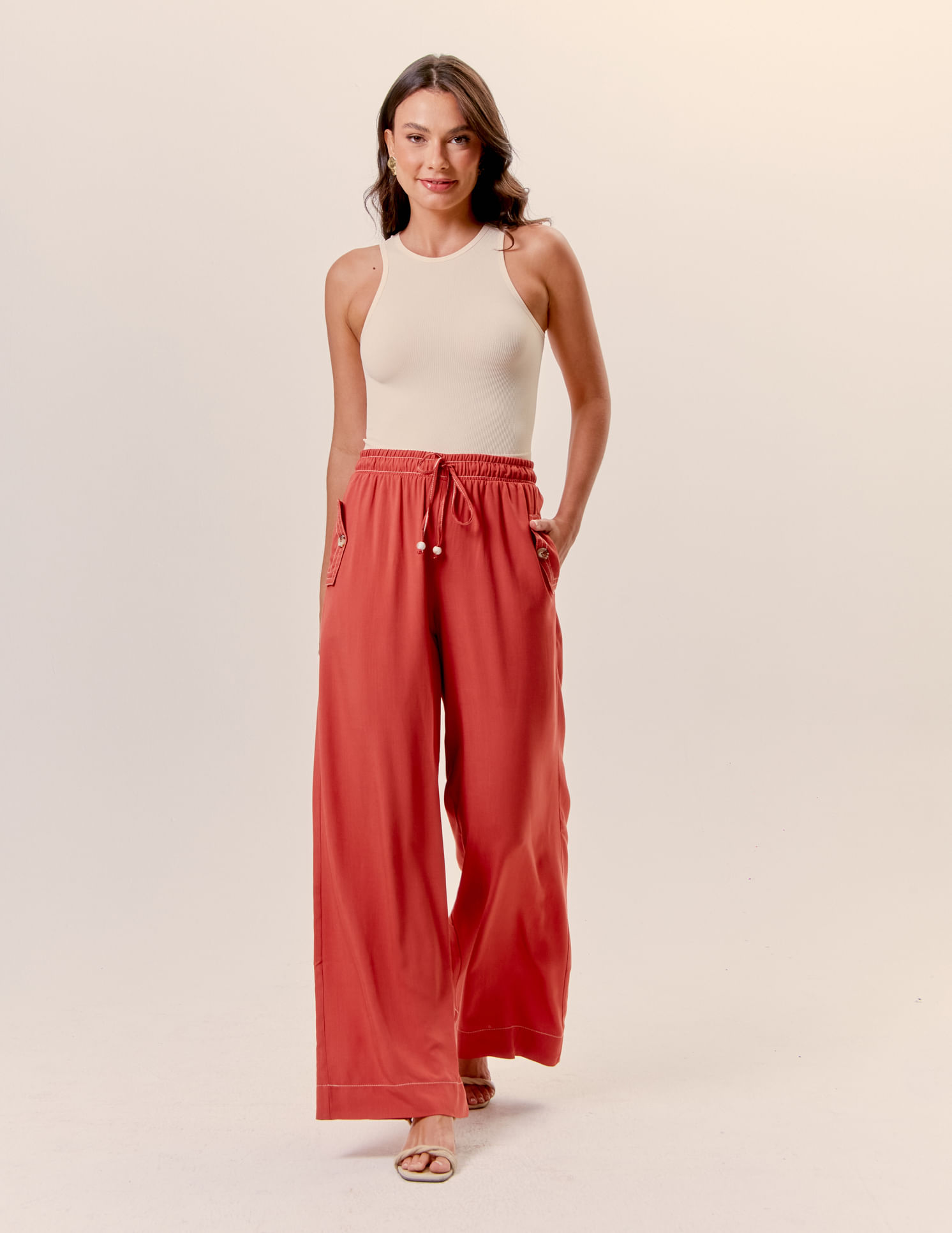 Calça Cós Elástico Com Amarração - Sandalo